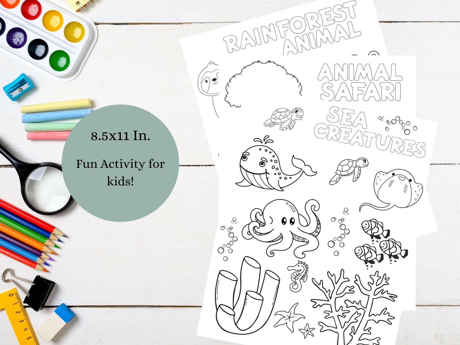 Animal Coloring Pages for Kids Sea Creatures Safari Animals - Etsy