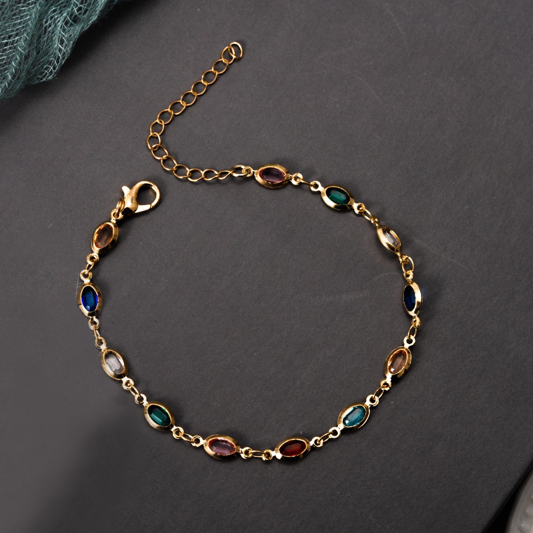 Dainty, Multi Colored, Crystal Bracelet Delicate, 18K Gold Filled ...