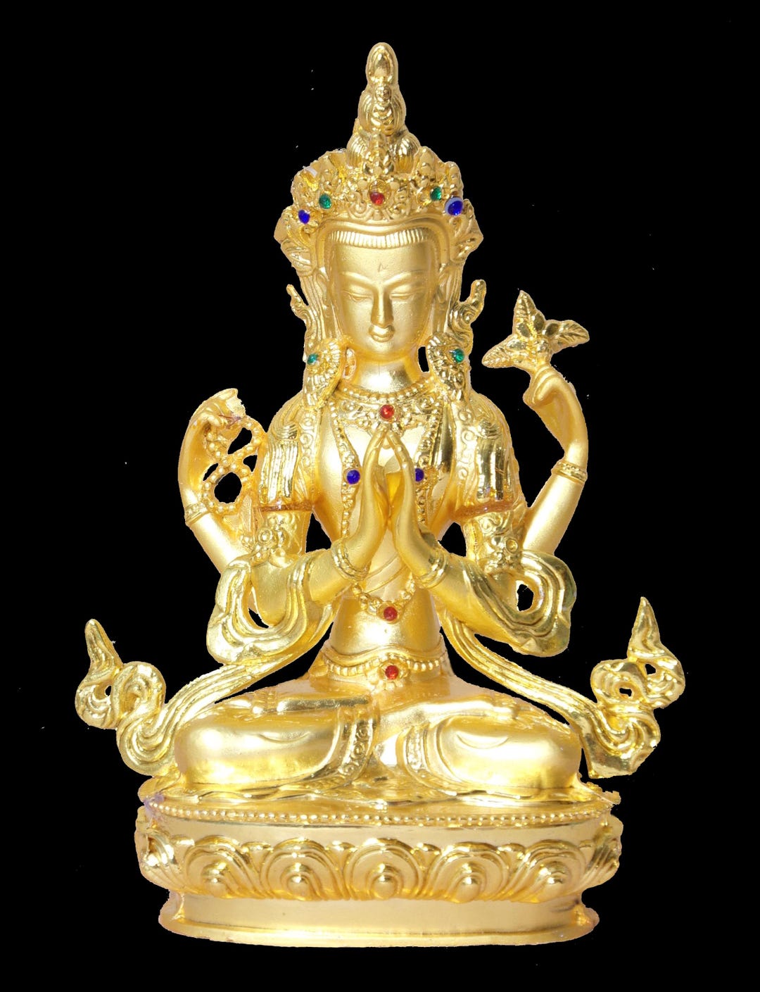 BEJEWELED AVALOKITESVARA BUDDHA Statue Gold Alloy Plated 4 Arms ...