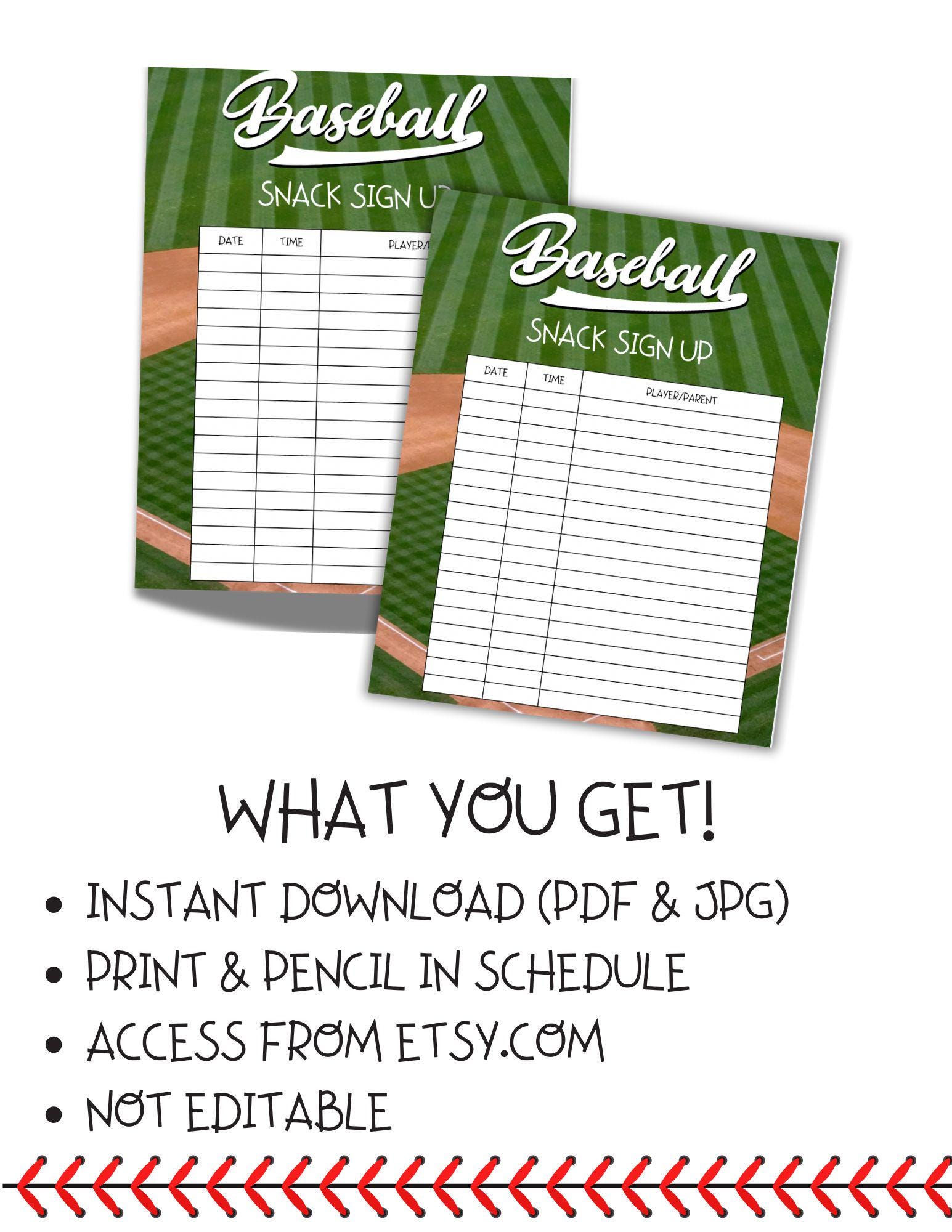 Printable Baseball Snack Schedule | Game Day Snack Sign-up Sheet ...