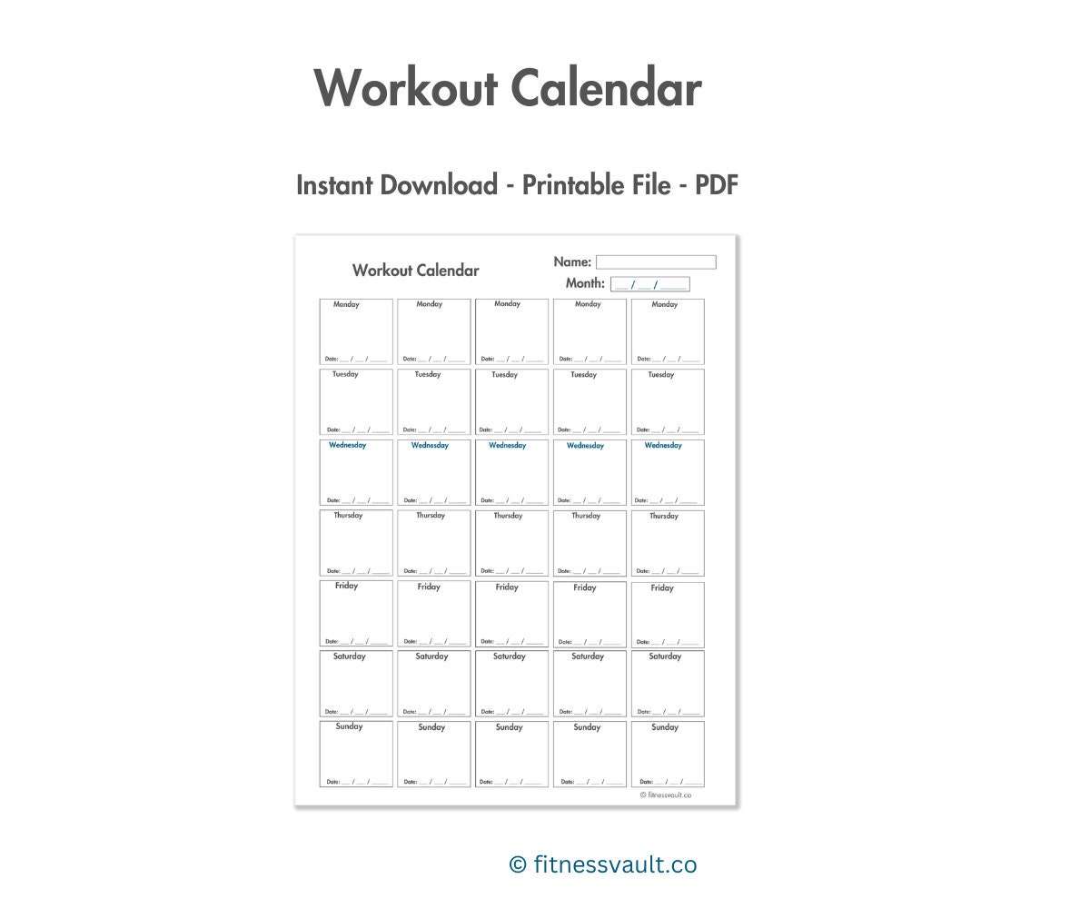 Monthly Workout Calendar Simple Calendar Printable Fitness Planner ...