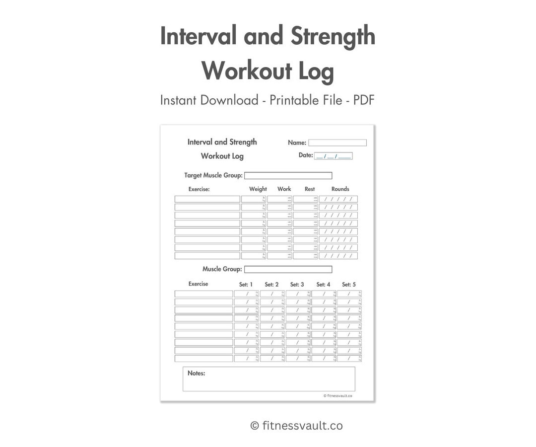 Interval and Strength Training Workout Log Printable Tracker Simple ...