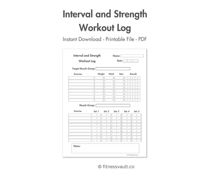 Interval and Strength Training Workout Log Printable Tracker Simple ...