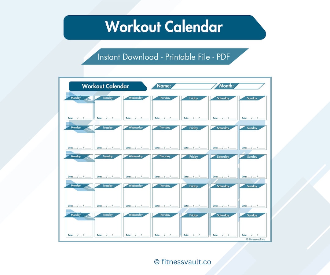 Monthly Workout Calendar Landscape Fitness Planner Exercise Planner ...