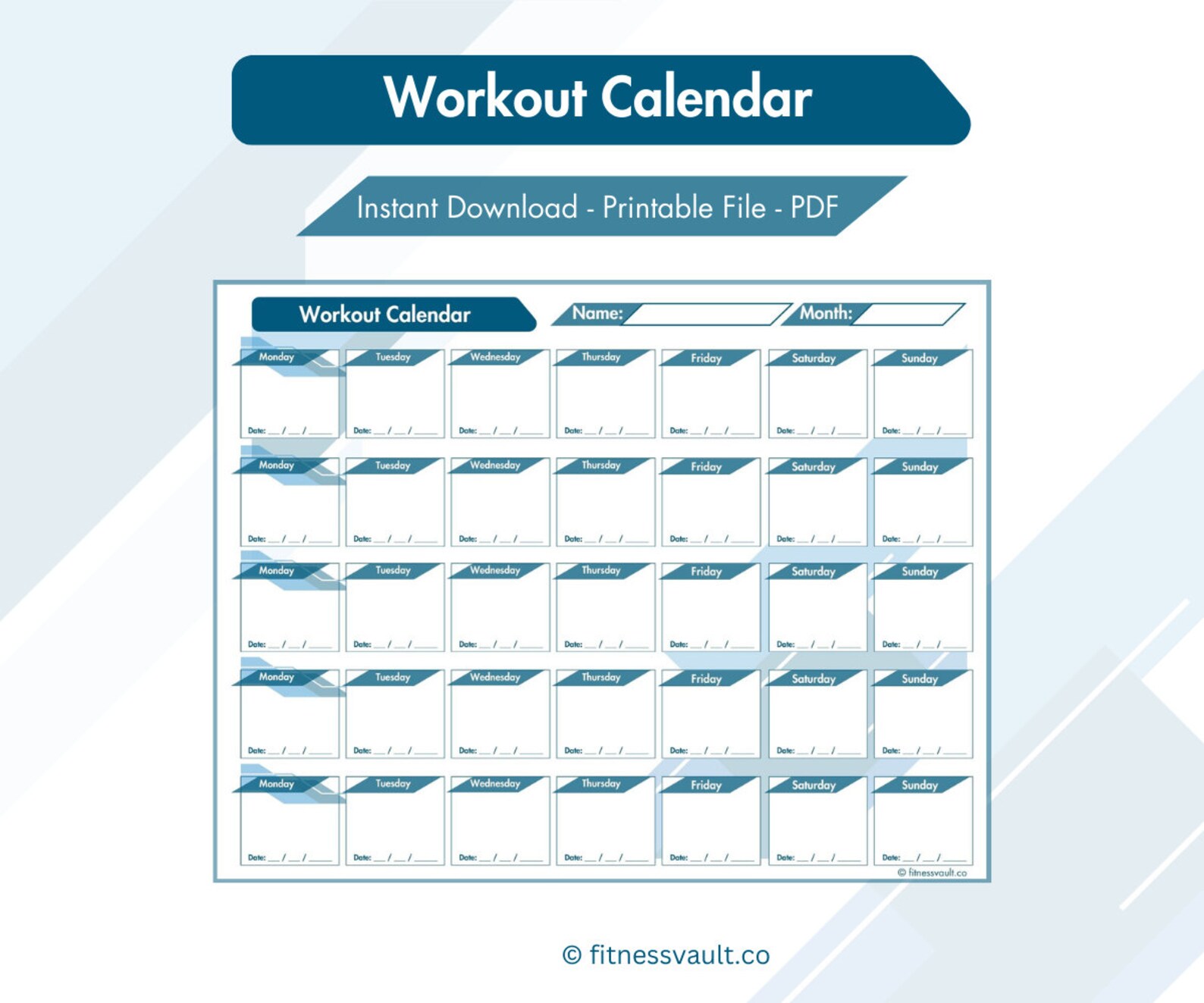 Monthly Workout Calendar Landscape Fitness Planner Exercise Planner ...