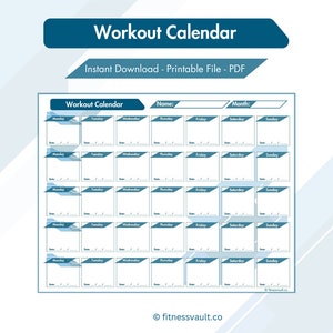Monthly Workout Calendar Landscape Fitness Planner Exercise Planner ...