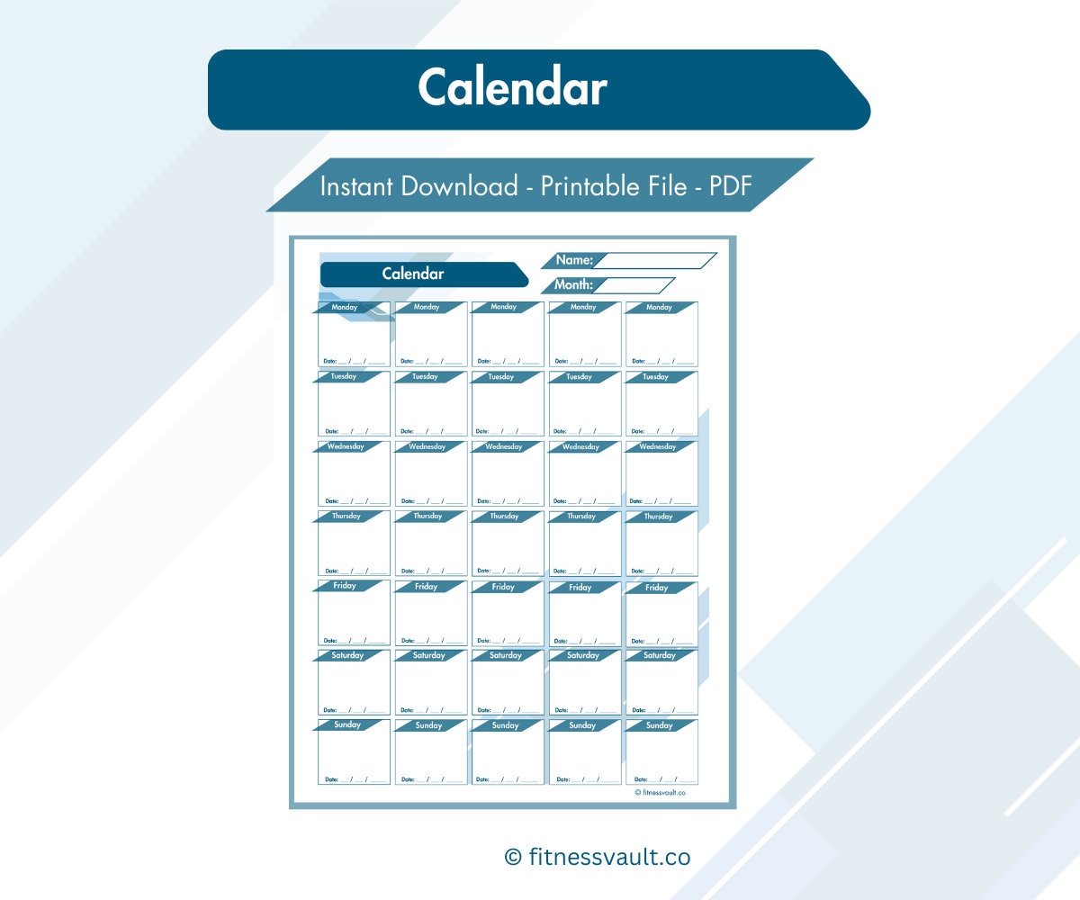 Monthly Calendar Printable Portrait Fitness Template Daily Tracker ...