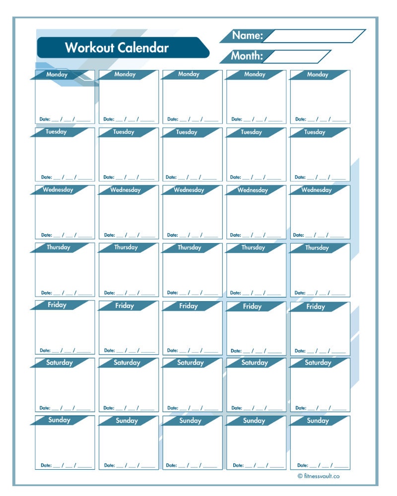 Monthly Workout Calendar Printable Fitness Planner Exercise Planner ...
