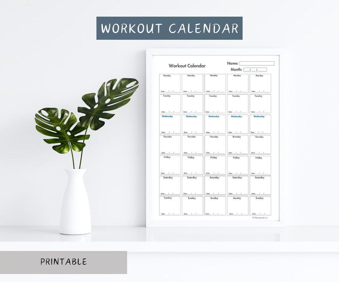 Monthly Workout Calendar Minimalist Calendar Printable Fitness Planner ...