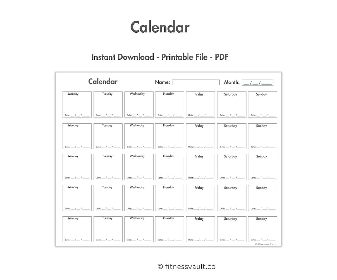 Monthly Calendar Printable Simple Calendar Daily Planner Weekly Tracker ...