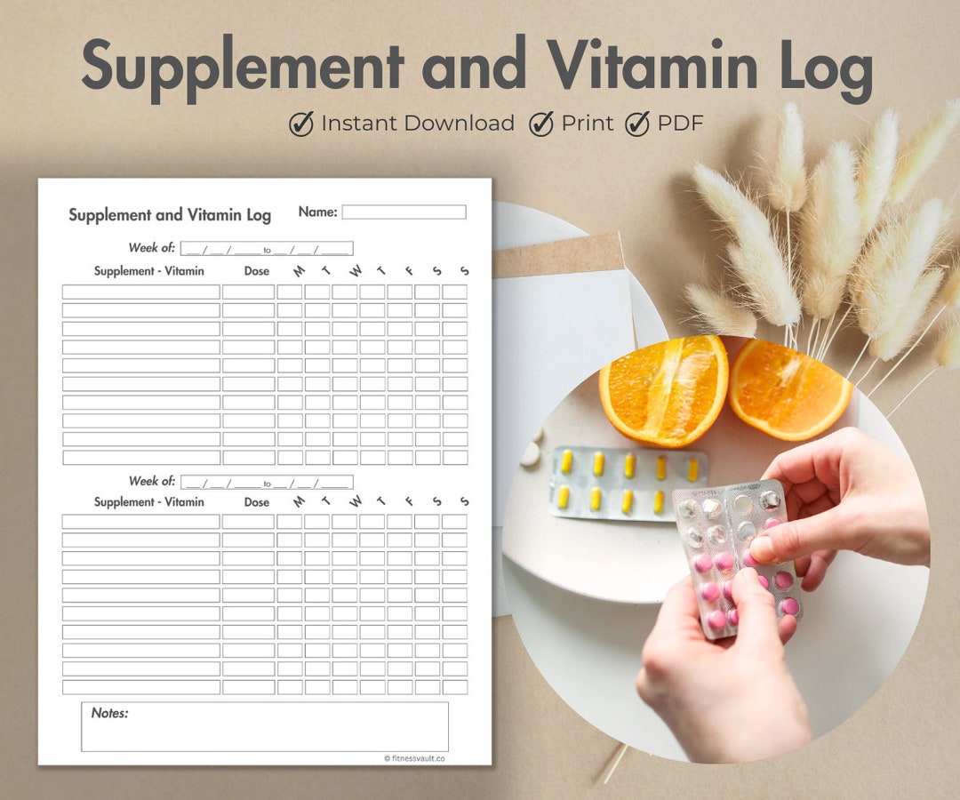 Weekly Supplement and Vitamin Log Tracker Simple Printable Supplement ...