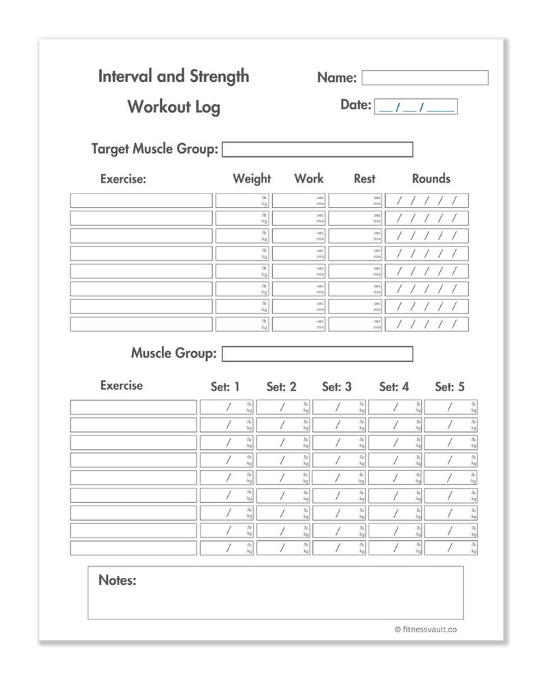 Interval and Strength Training Workout Log Printable Tracker Simple ...