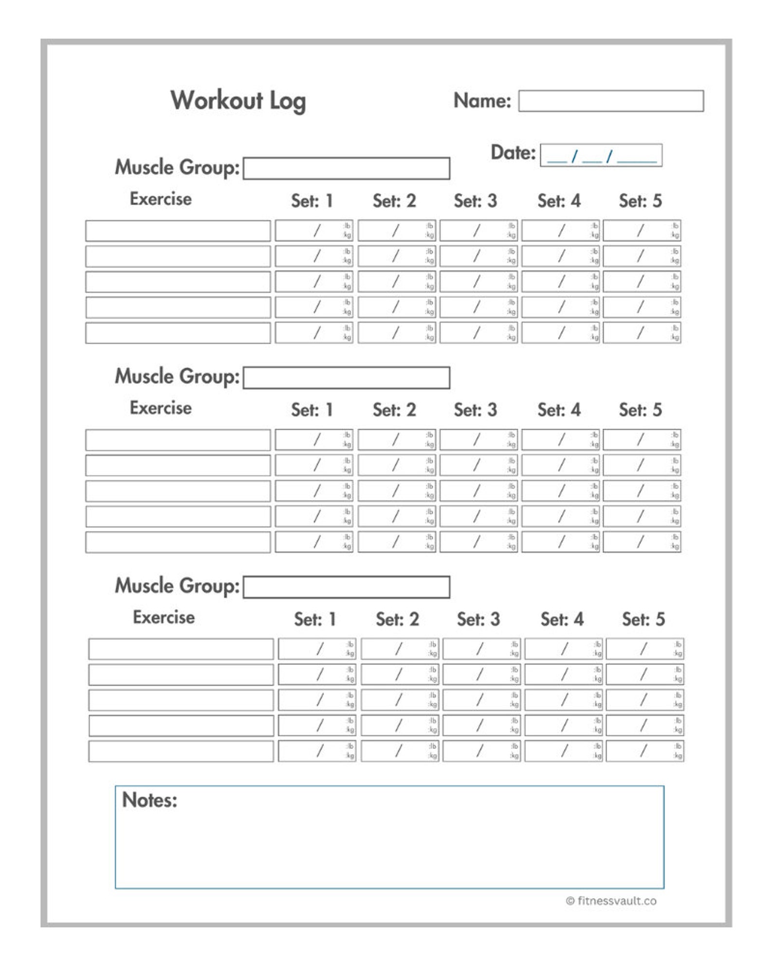 Workout Log Template Printable Daily Exercise Simple Log Fitness ...