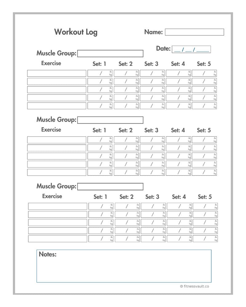 Workout Log Template Printable Daily Exercise Simple Log Fitness ...