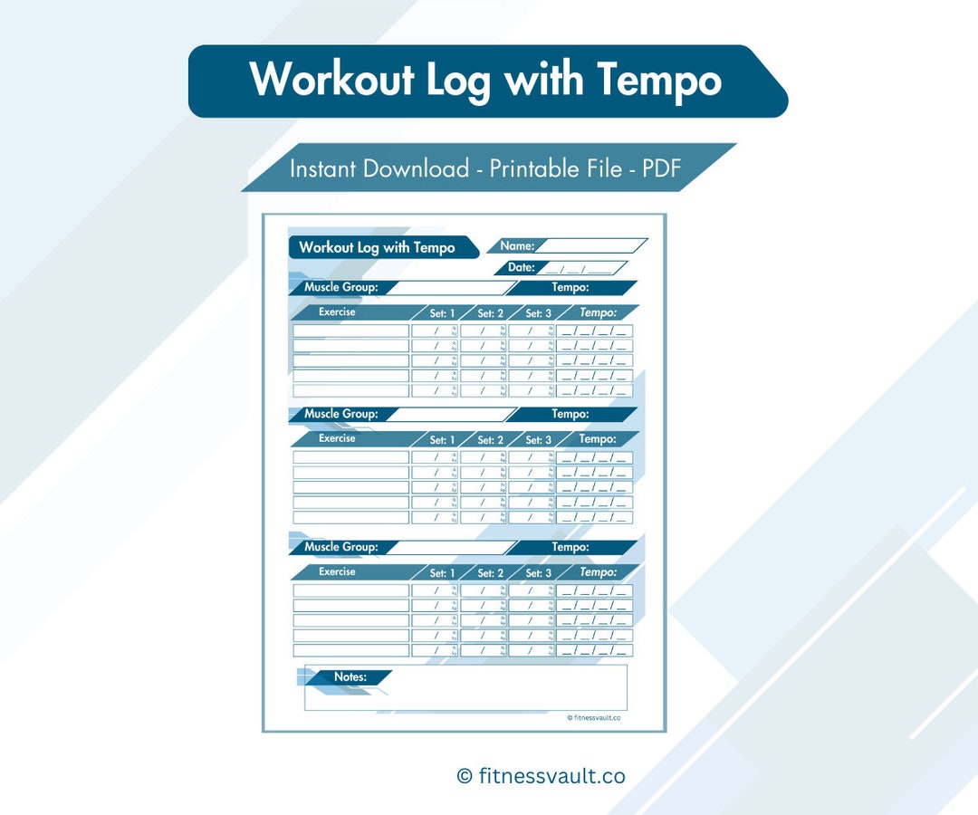 Workout Log With Tempo Printable Template Exercise Log Fitness Tracker ...