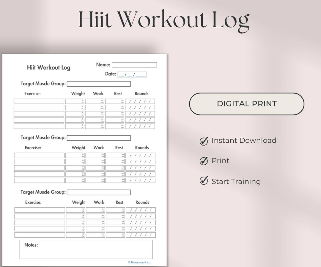 Hiit Workout Log Printable Minimalist Design Goal Tracker Fitness ...