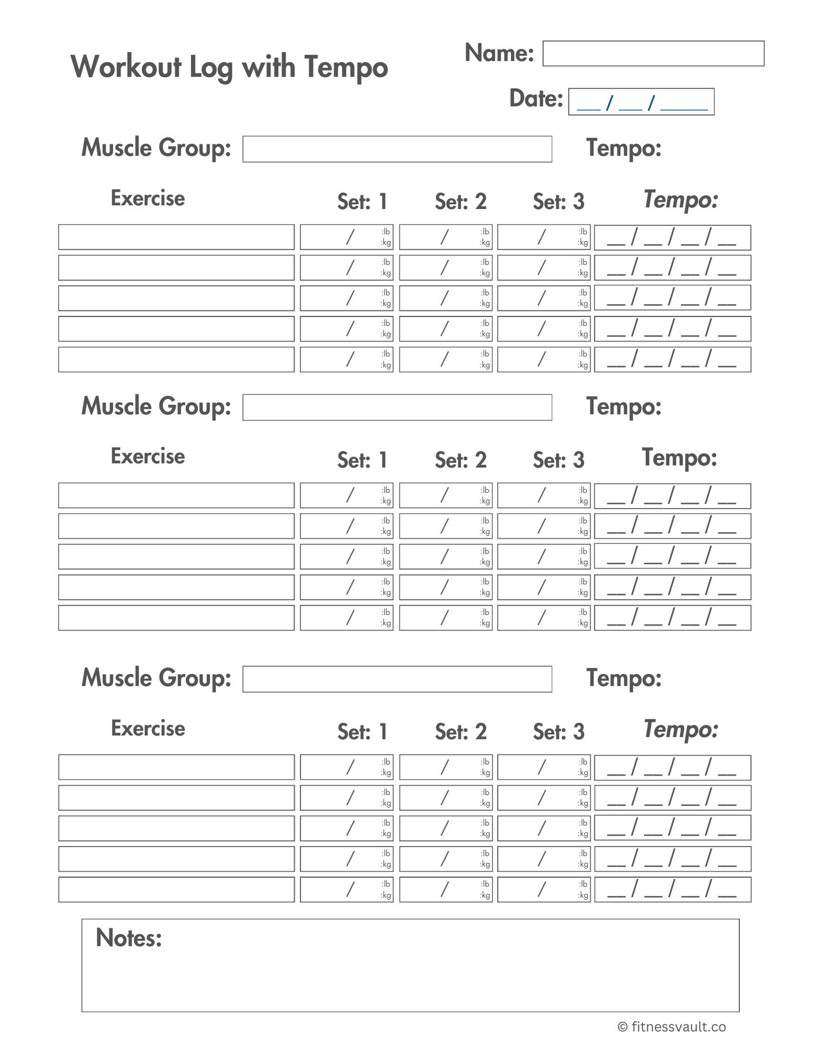 Workout Log With Tempo Printable Template Minimalist Exercise Log ...