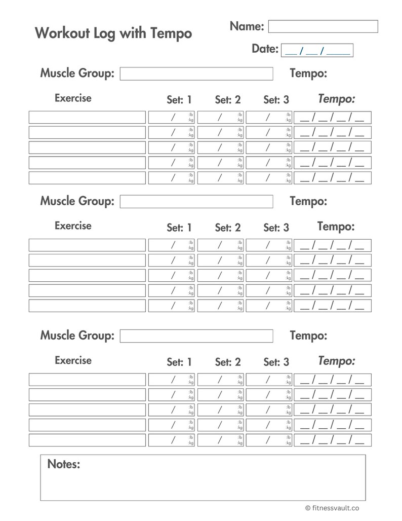 Workout Log With Tempo Printable Template Minimalist Exercise Log ...