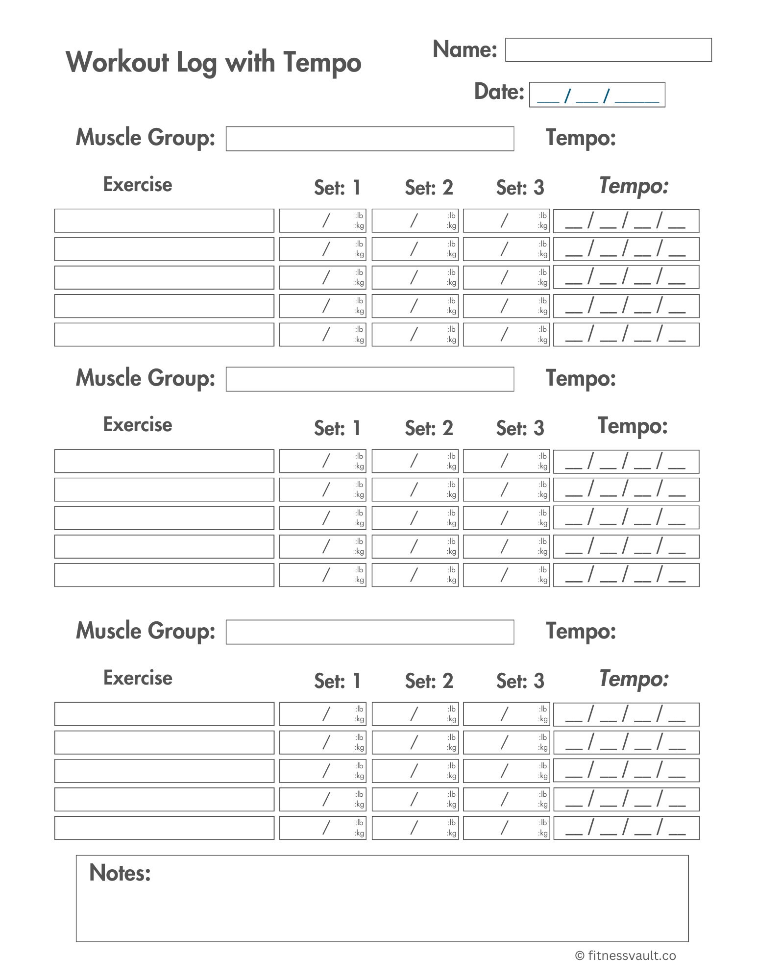 Workout Log With Tempo Printable Template Minimalist Exercise Log ...