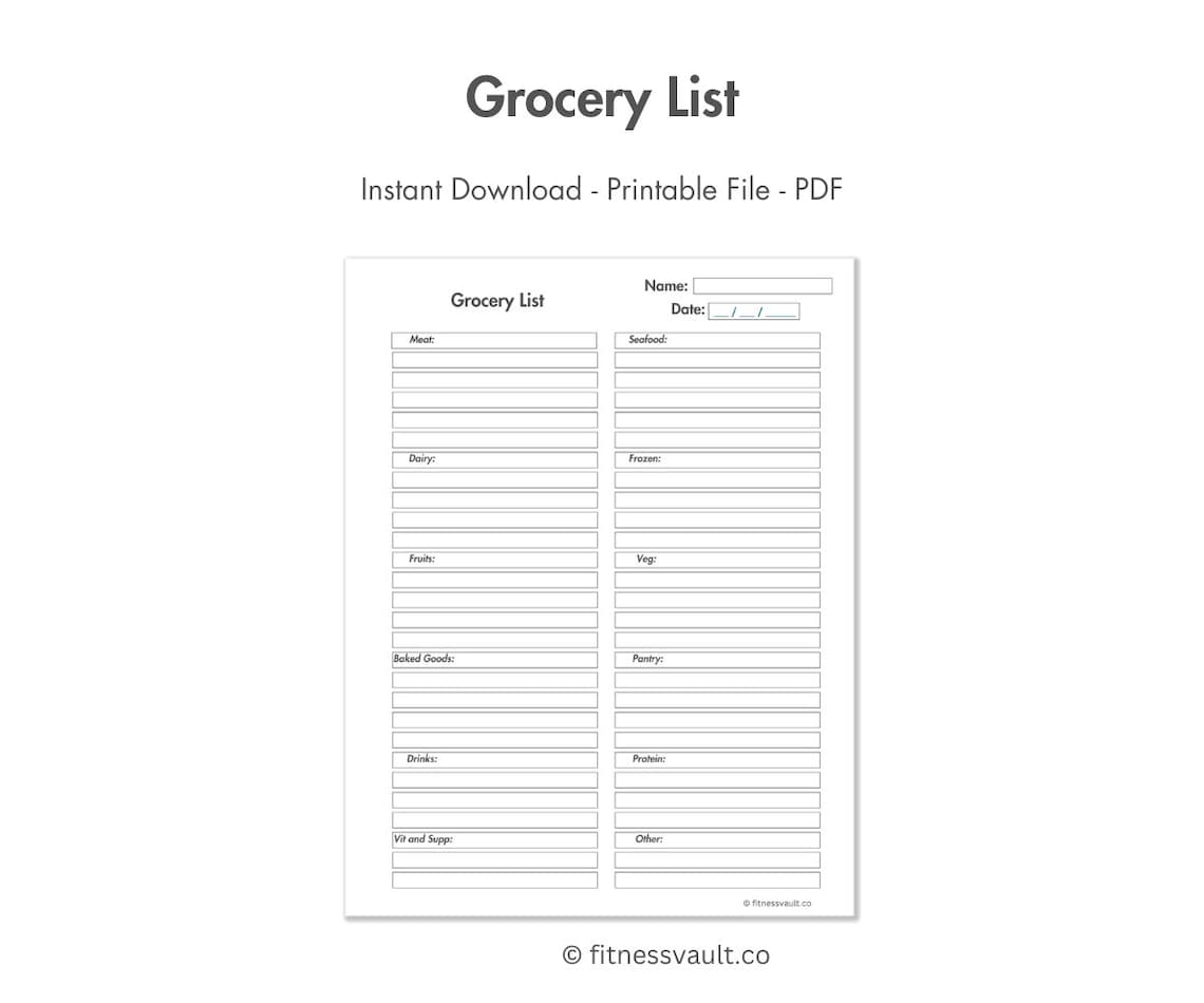 Grocery List Template Simple Grocery Planner Food Shopping Printable ...