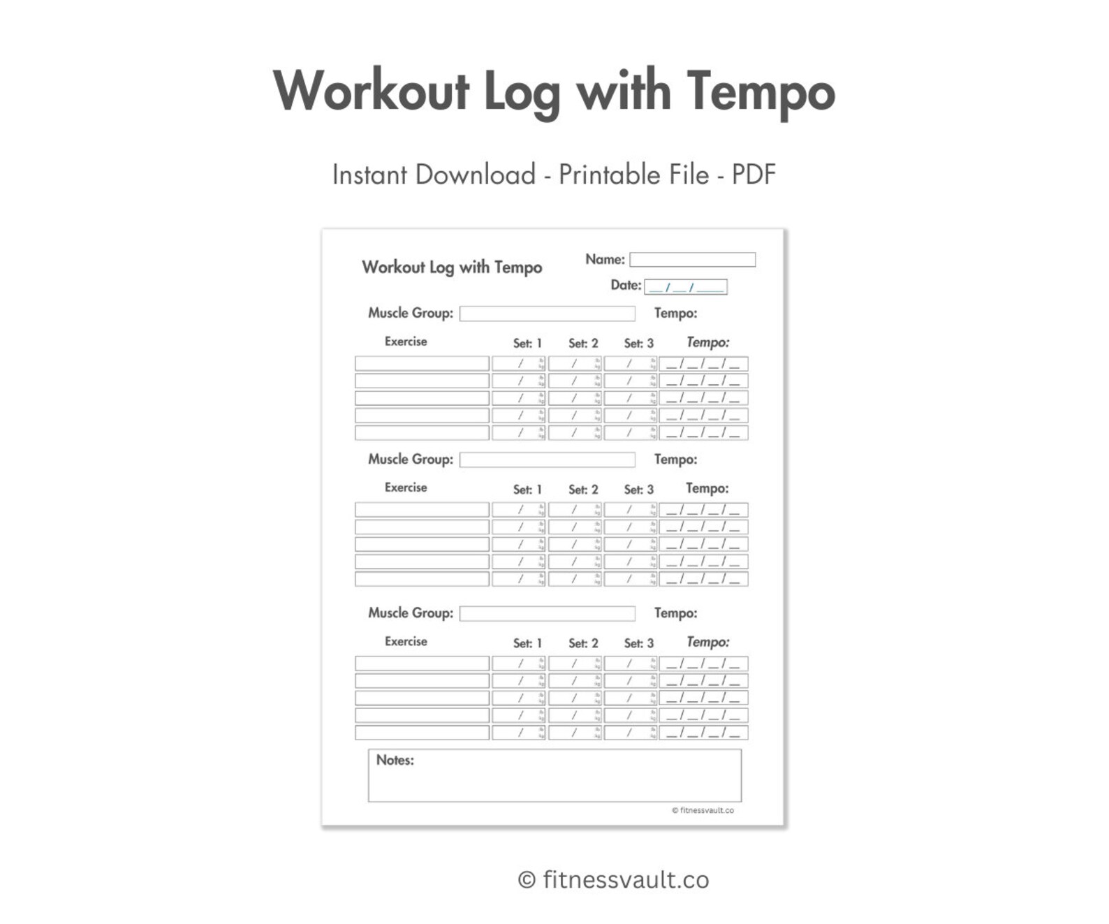 Workout Log With Tempo Printable Template Minimalist Exercise Log ...