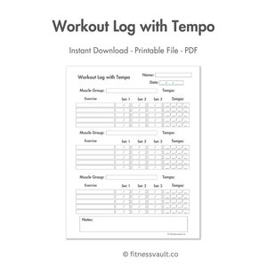 Workout Log With Tempo Printable Template Minimalist Exercise Log ...