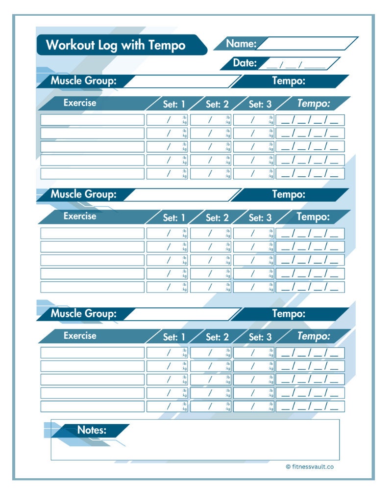 Workout Log With Tempo Printable Template Exercise Log Fitness Tracker ...