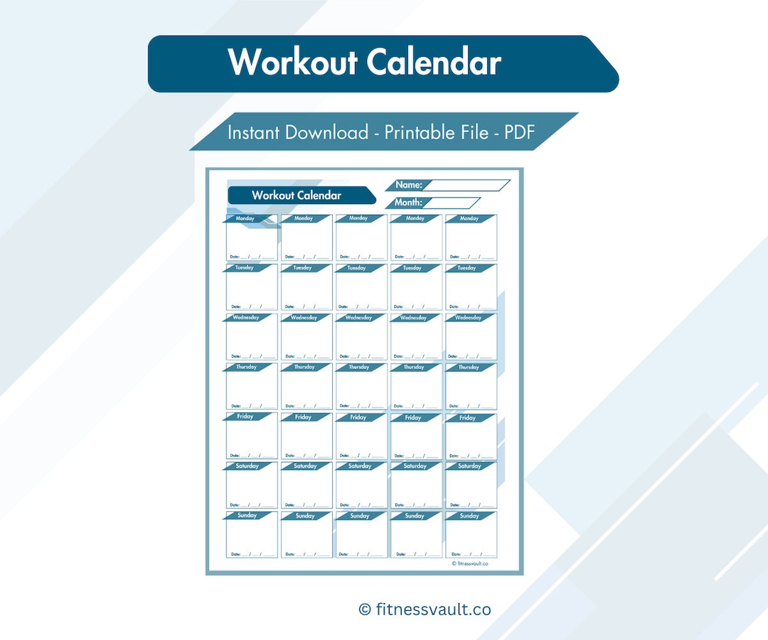Monthly Workout Calendar Printable Fitness Planner Exercise Planner ...
