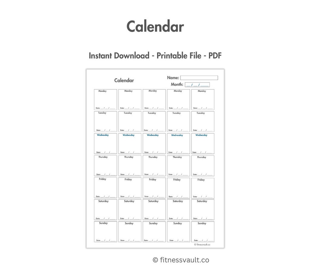 Monthly Calendar Printable Simple Calendar Daily Planner Weekly Tracker ...