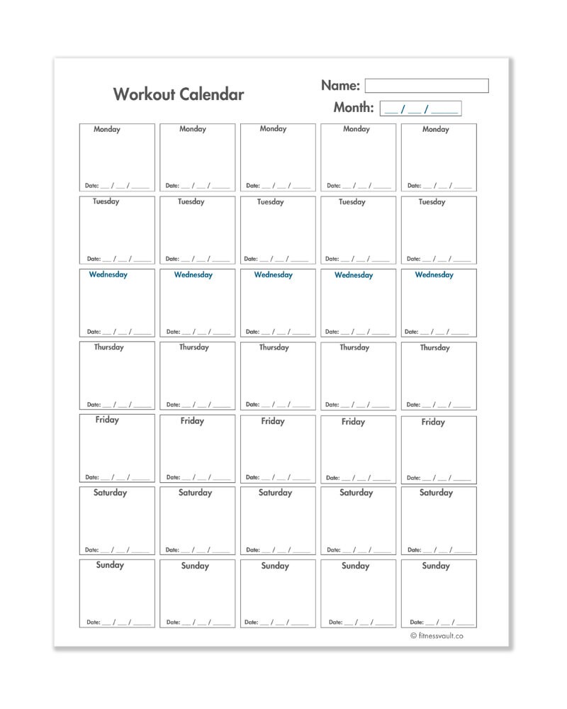Monthly Workout Calendar Simple Calendar Printable Fitness Planner ...