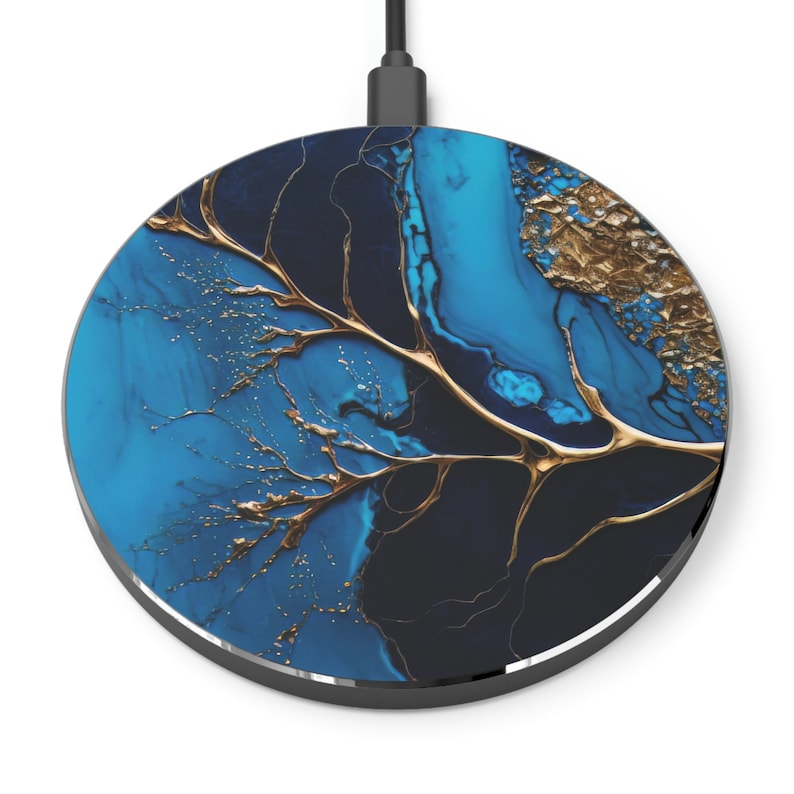 Blue Gold Marble Wireless Charger Circle Charging Pad for iPhone 13, 12 ...