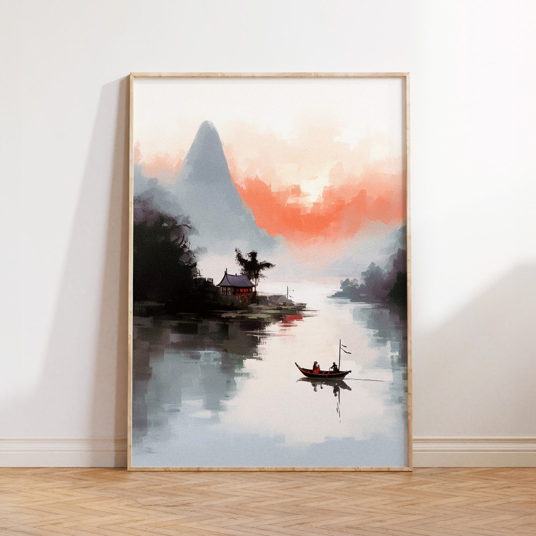 Chinese Sunset Landscape Art Print: Vintage Oriental Wall Decor ...