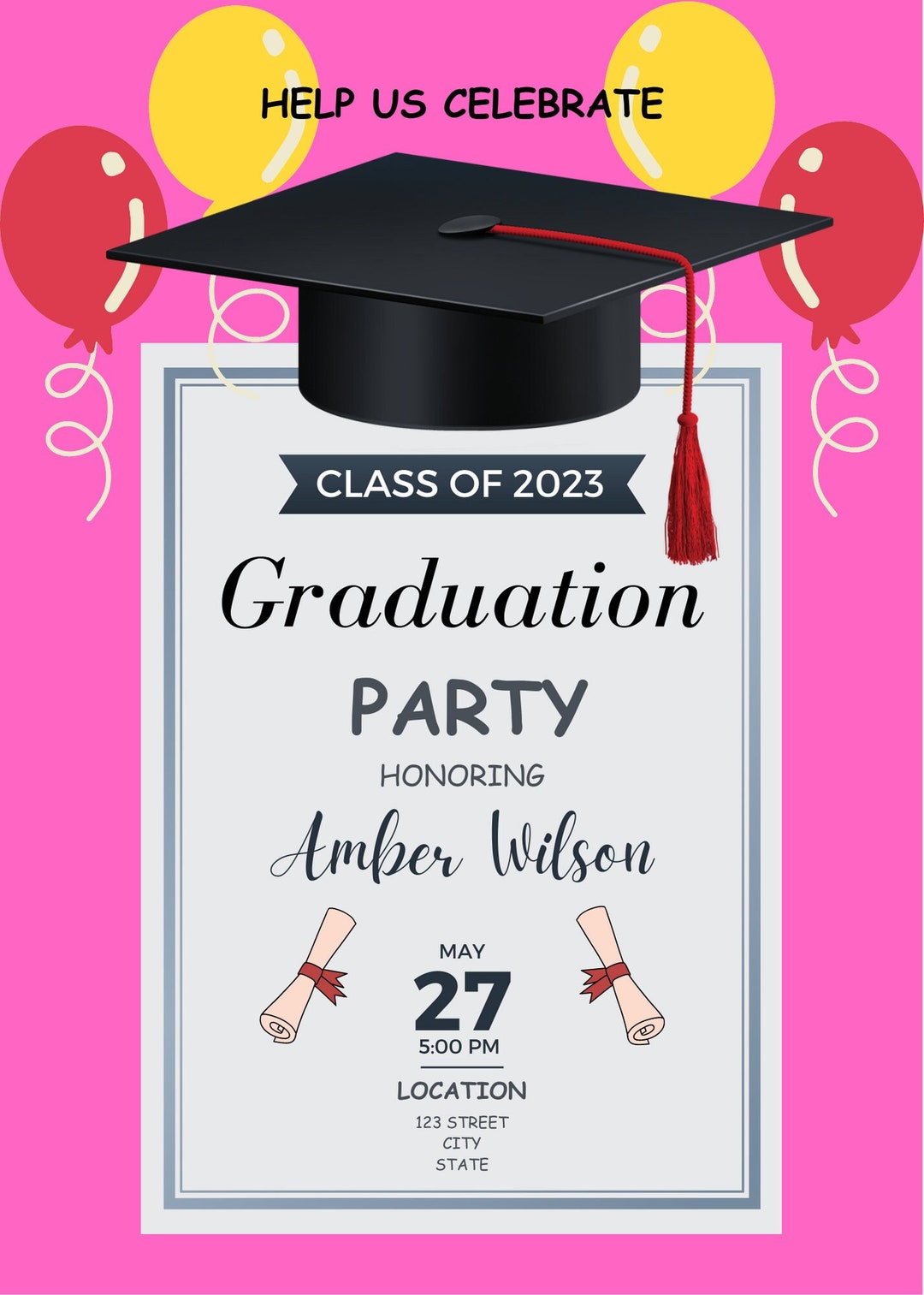 Pink Graduation Party Invitation Flyer Digital Template Graduation ...