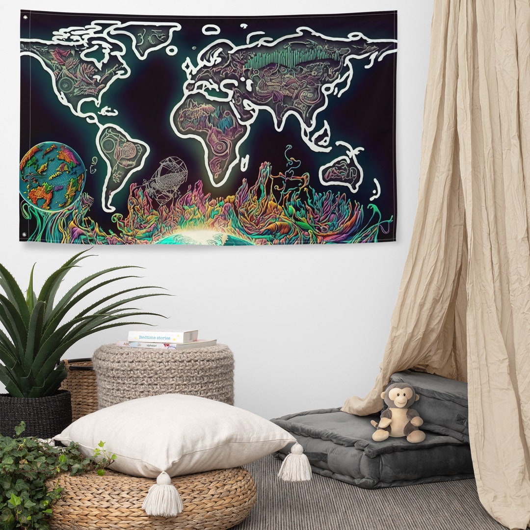 Neon Psychedelic World Map - Colorful Flag for Travel-inspired Spaces ...