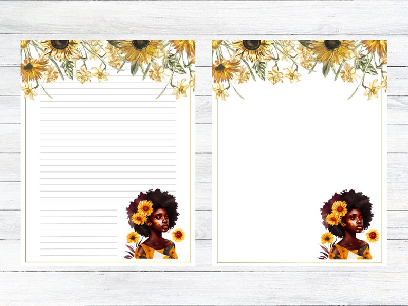 3 Black Girl and Sunflowers Printable Stationery Papers, Watercolor ...