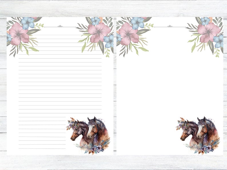 Flower Horses Printable Stationery Paper, Watercolor Horse Lined and ...