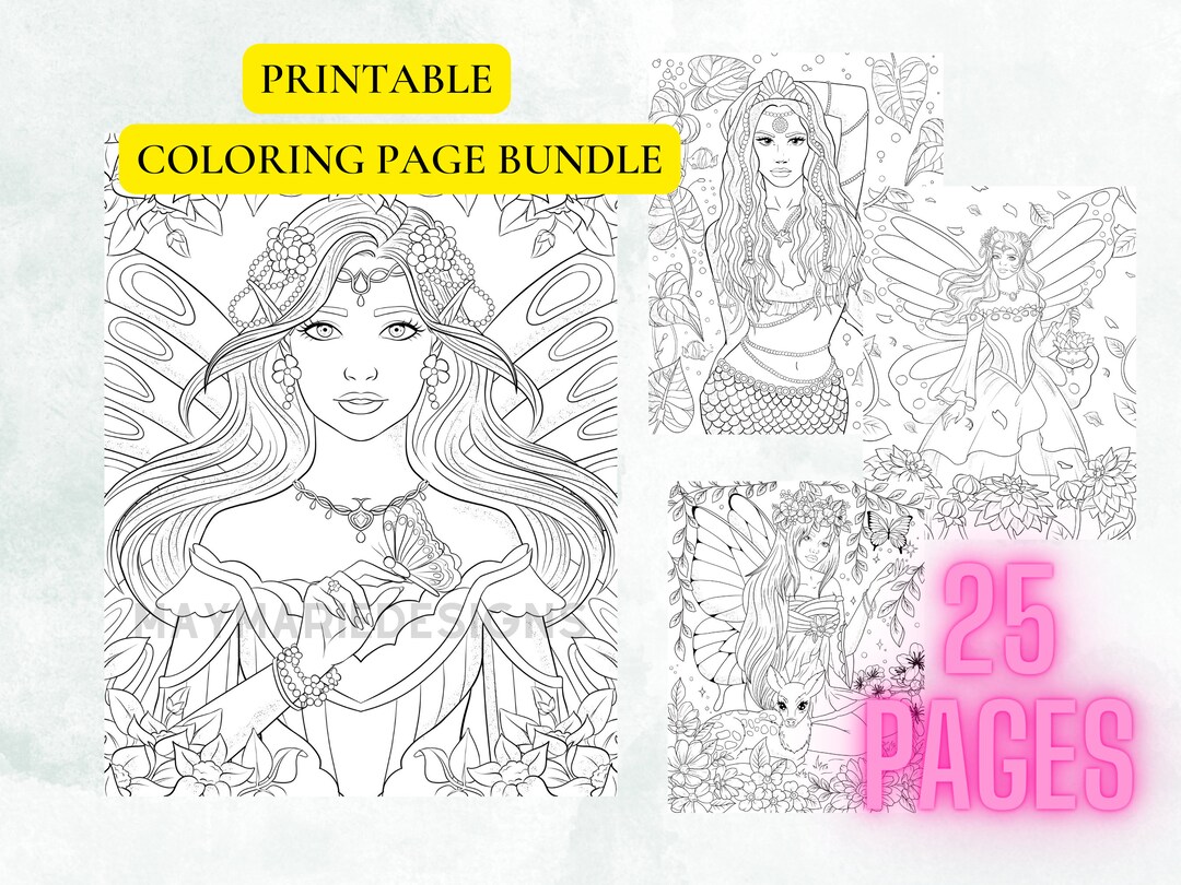 25 Fairies in Fairyland Coloring Page Bundle | Printable Adult Coloring ...