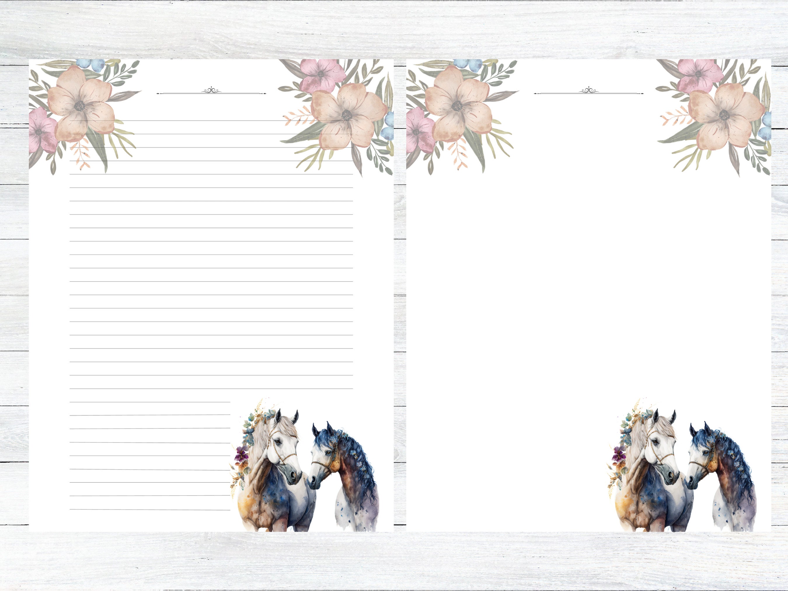 Flower Horses Printable Stationery Paper, Watercolor Horse Lined and ...