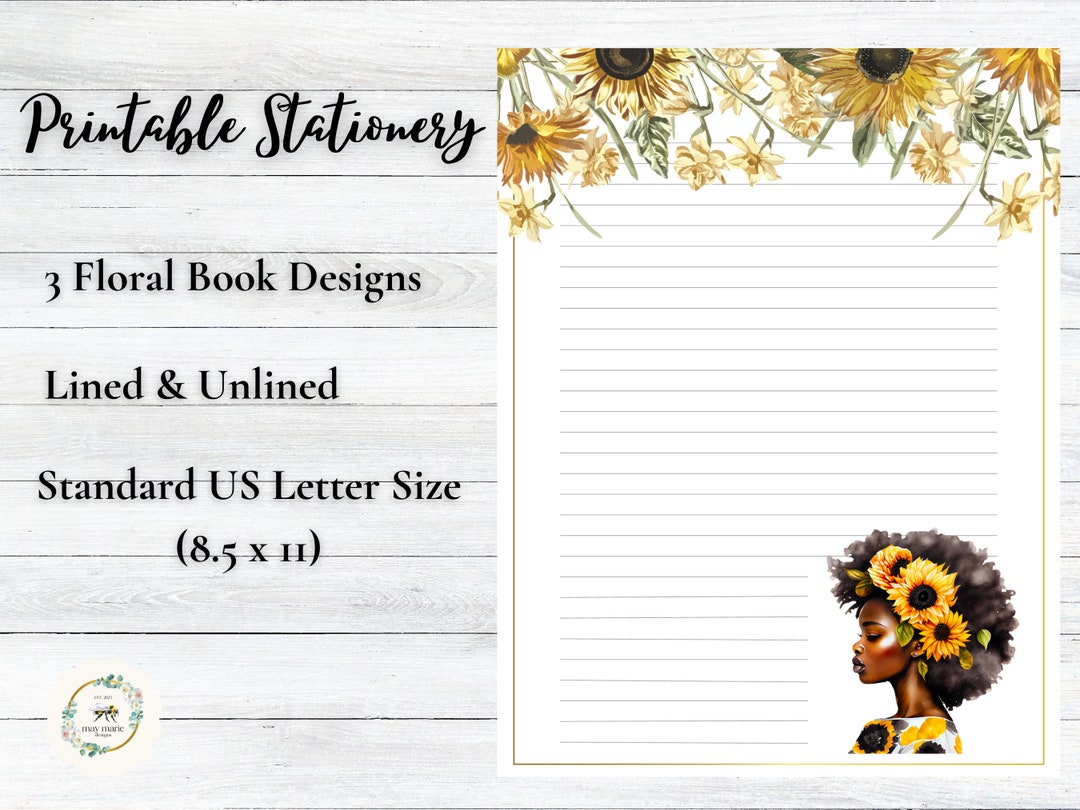 3 Black Girl and Sunflowers Printable Stationery Papers, Watercolor ...