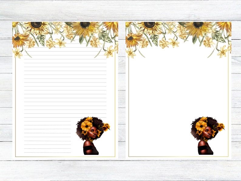 3 Black Girl and Sunflowers Printable Stationery Papers, Watercolor ...