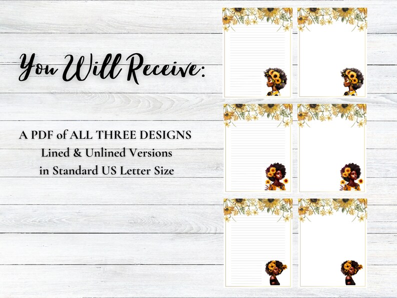 3 Black Girl and Sunflowers Printable Stationery Papers, Watercolor ...