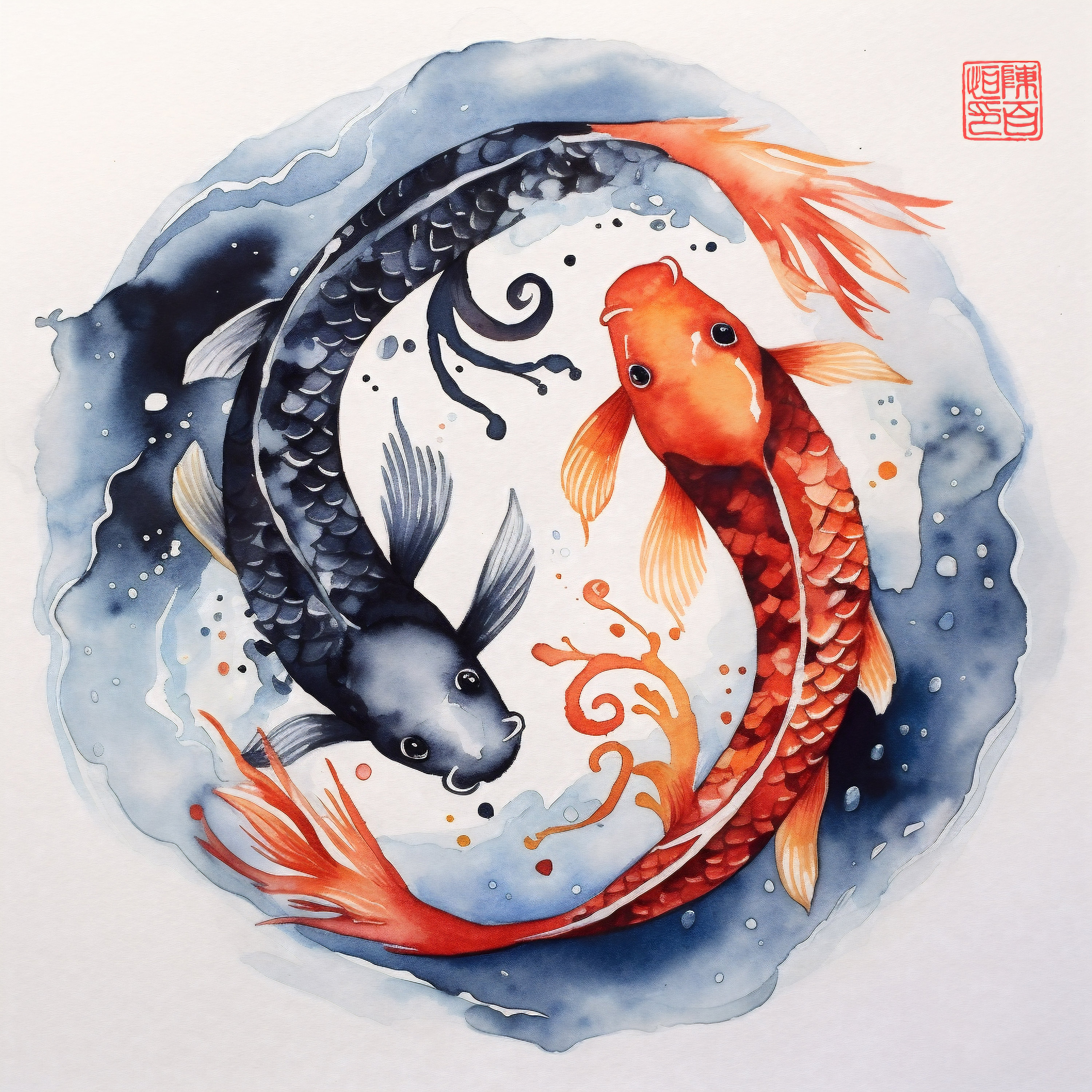 Printable Chinese Watercolor Painting Koi Fish Forming Yin Yang Wall ...