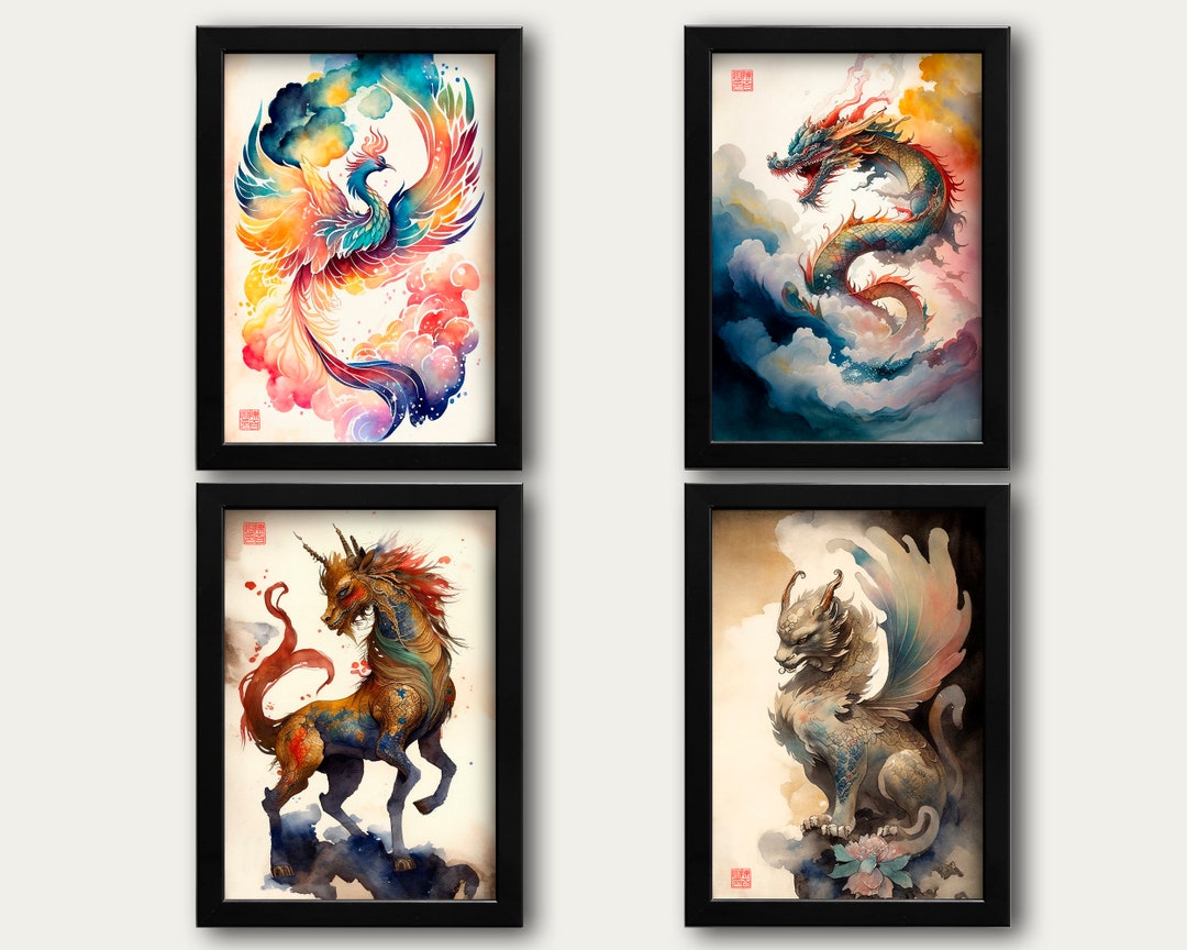 Printable Chinese Mythology Set of Four Watercolor Paintings Dragon ...