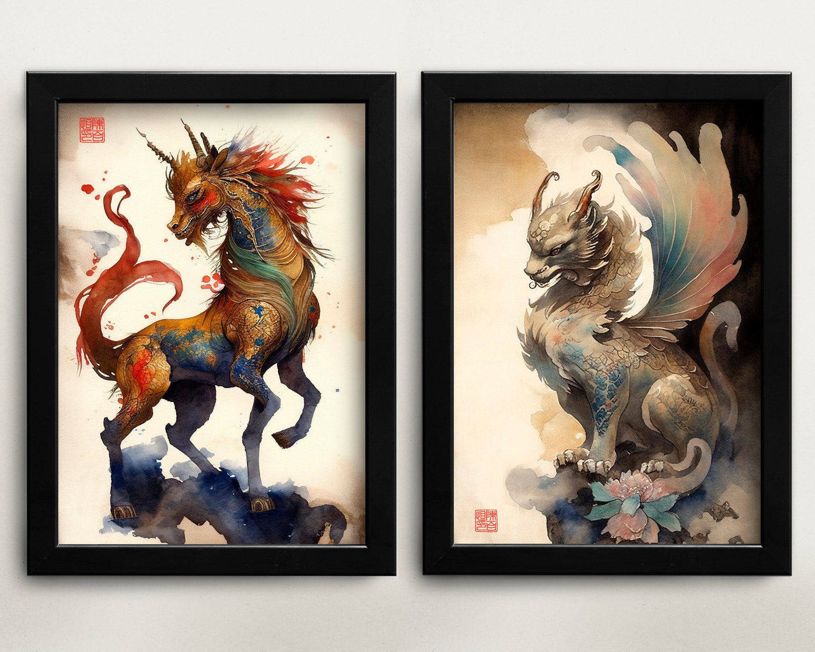 Printable Chinese Mythology Set of Four Watercolor Paintings Dragon ...