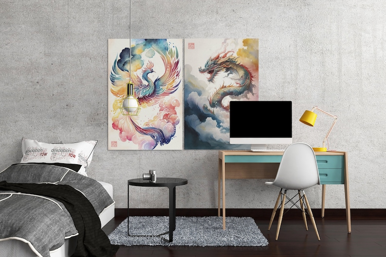 Printable Chinese Mythology Set of Four Watercolor Paintings Dragon ...