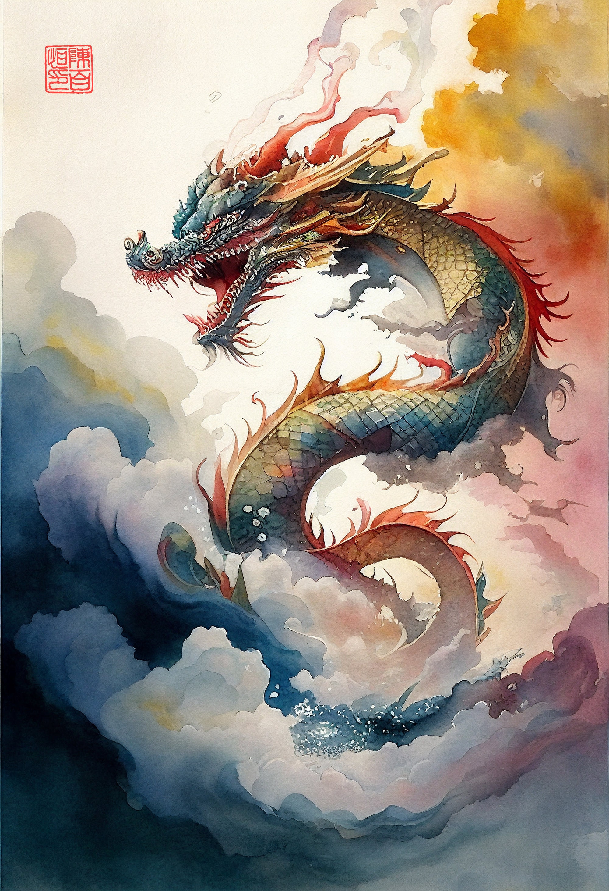 Printable Set of Two Chinese Watercolor Paintings of Phoenix and Dragon ...