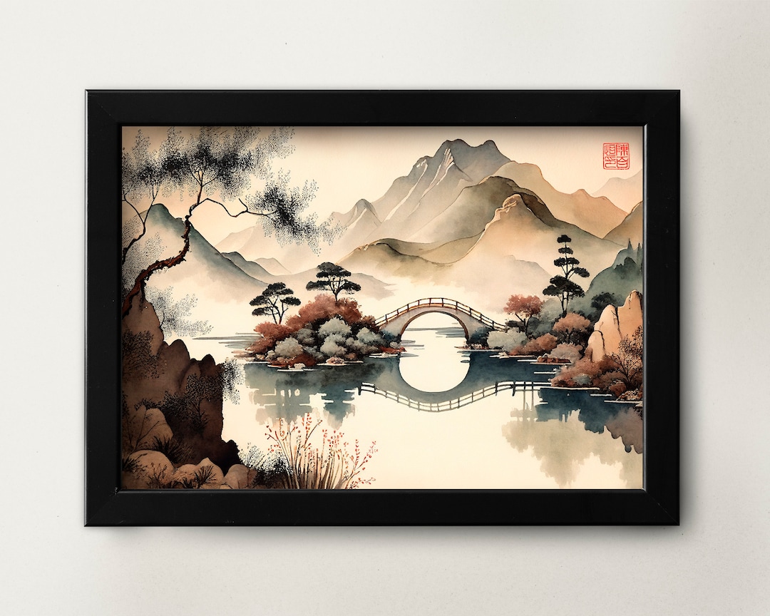 Printable Traditional Chinese Watercolor Painting of Bridge Over Lake ...