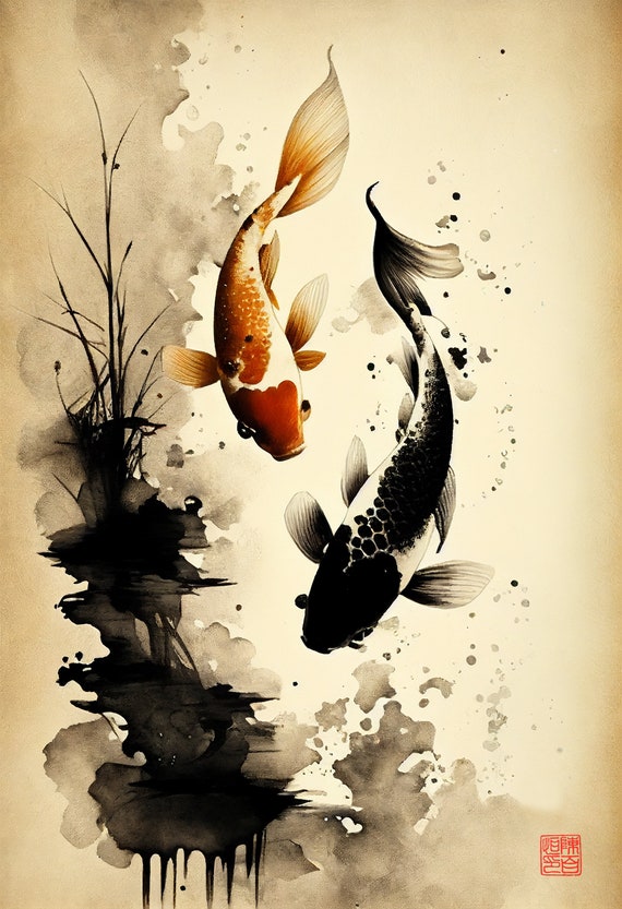 Chinese Watercolor Fish JEUXUS Koi Fish Canvas Wall Art Horizontal