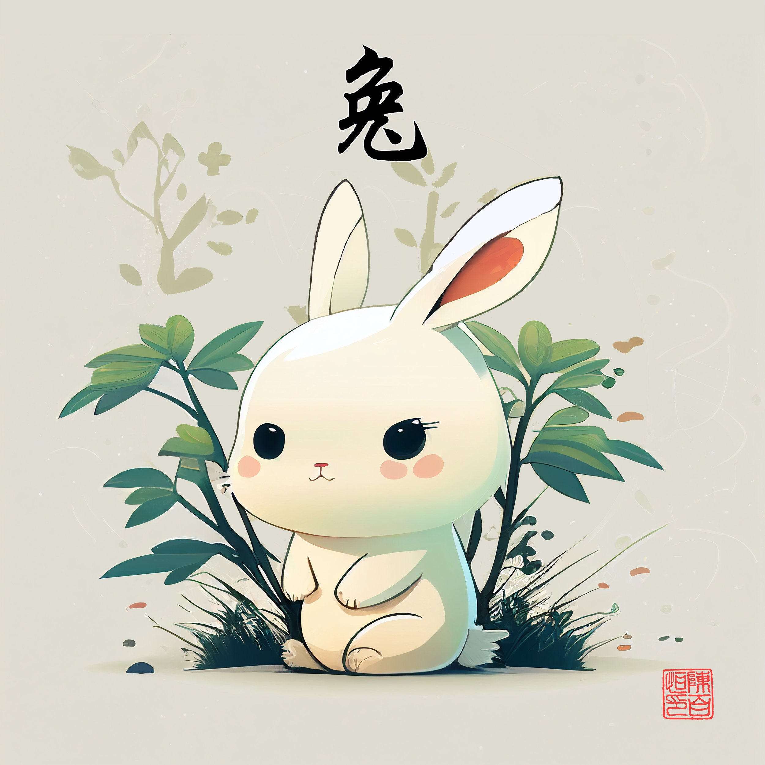 Printable Chinese Watercolor Painting of Zodiac Animal Rabbit, Year of ...