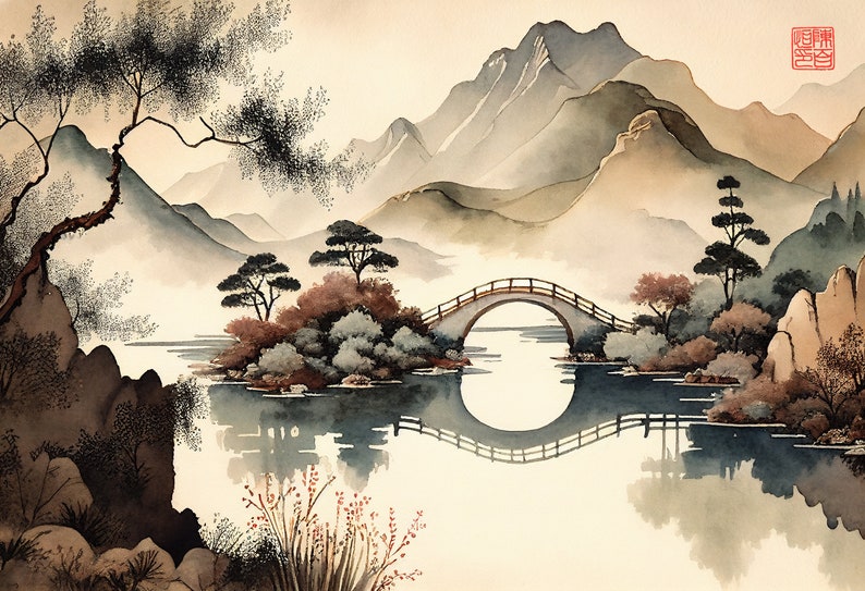 Printable Traditional Chinese Watercolor Painting of Bridge - Etsy